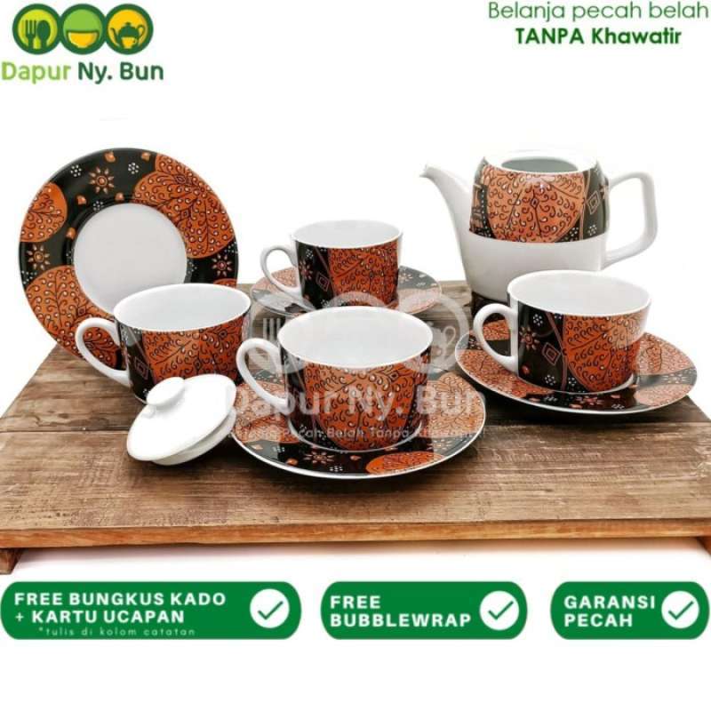 Promo Teko Set Motif Batik Tanon / 1 Teko+Tutup /4 Cangkir + 4 Saucer ...