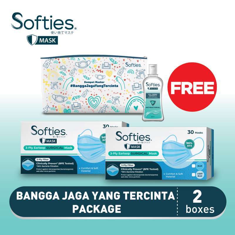 Jual Buy Softies Surgical Mask 30's [2 box] Get Free Pouch + Hand Gel ...