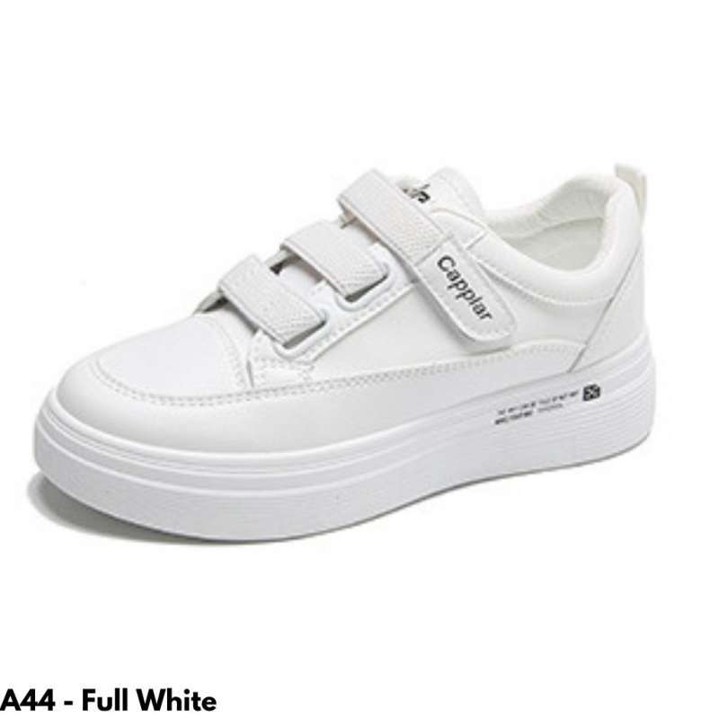 Jual Sepatu Sneakers Wanita Putih Polos Velcro Kulit Gaya Korea Model ...