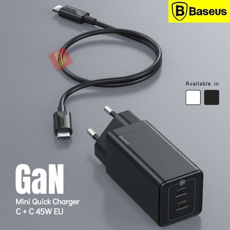 Promo BASEUS Gan Mini Quick Fast Charger 2 USB Type C 45W EU Cable ...