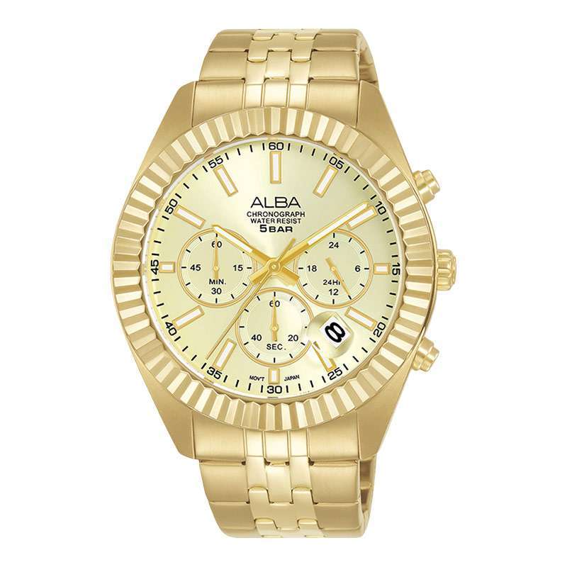 Jual Alba AT3H10X1 Chronograph Men Light Champagne Dial Gold Stainless ...