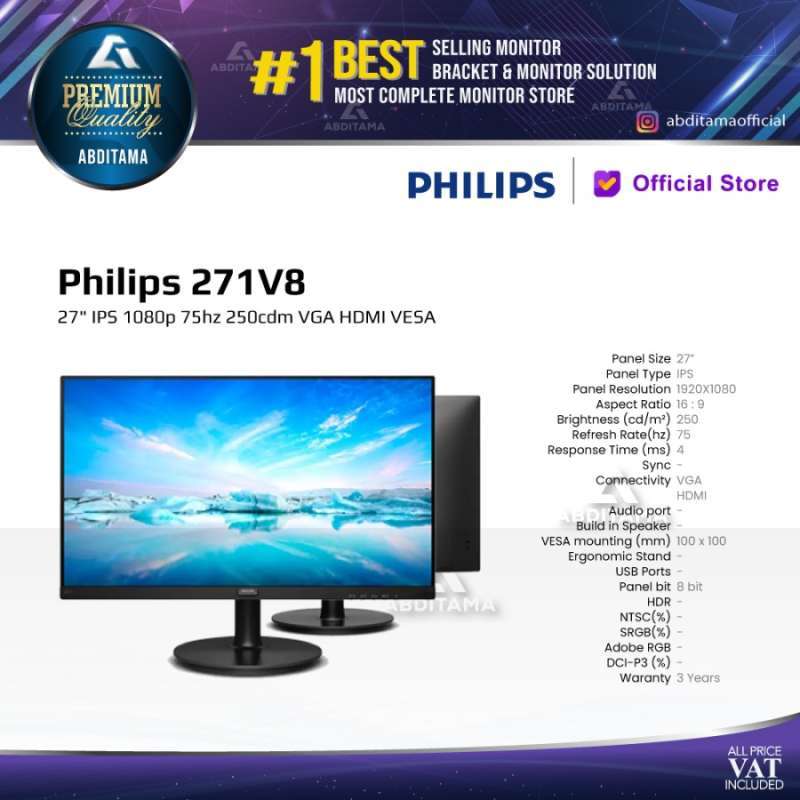 Jual Monitor LED Philips 271V8 27 IPS 1080p 75hz 250cdm VGA HDMI VESA ...