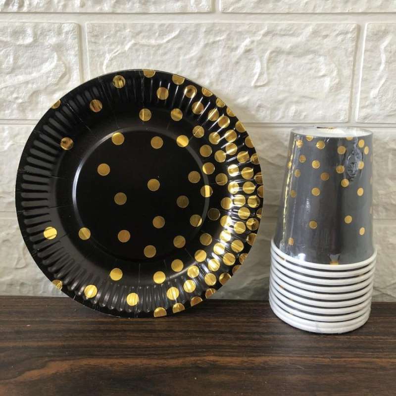 Jual Piring & Gelas DOT HITAM GOLD SET / Piring Kertas / Gelas Kertas ...