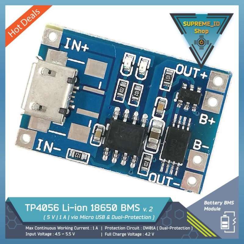 Jual TP4056 Li-ion Lithium 18650 BMS + Protection via Micro USB v2 | 1A ...