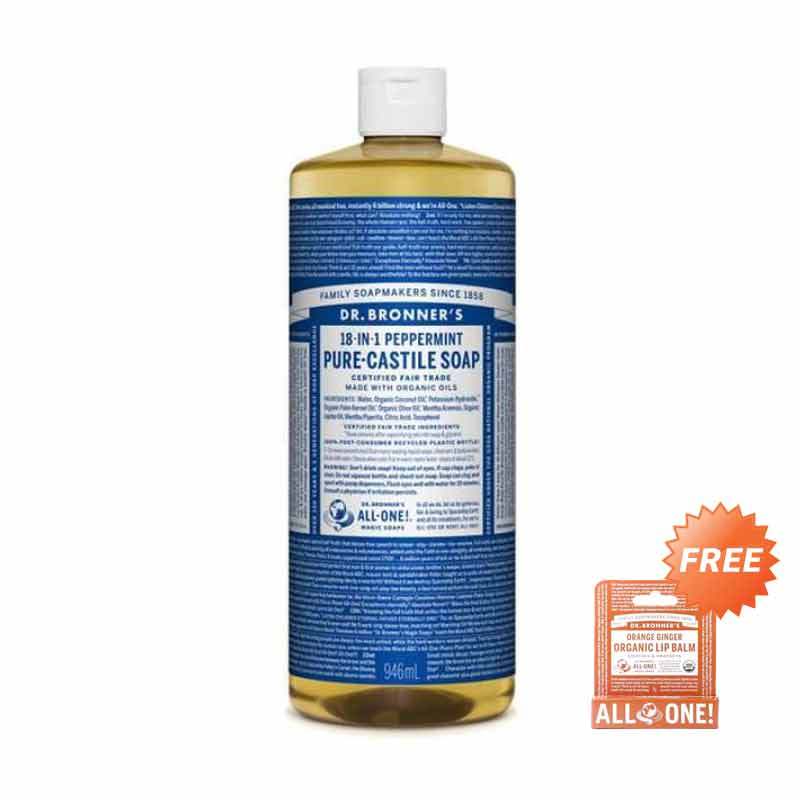 Promo Dr. Bronner's Peppermint Pure Castile Liquid Soap 946ml FREE Organic Lip Balm 4g Orange ...