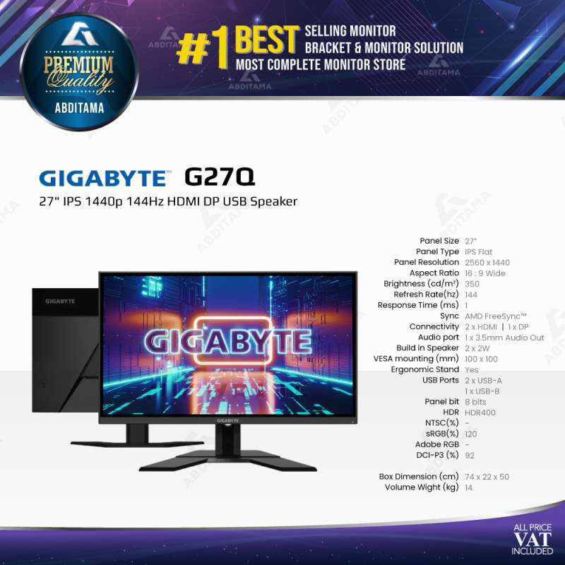 Jual Monitor Led Gigabyte G27q 27 Ips 1440p 144hz Hdmi Dp Speaker ...