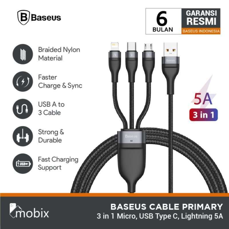 Jual KABEL DATA FAST CHARGING BASEUS 3IN1 MICRO+LIGHTNING+TYPE-C 5A 1 ...