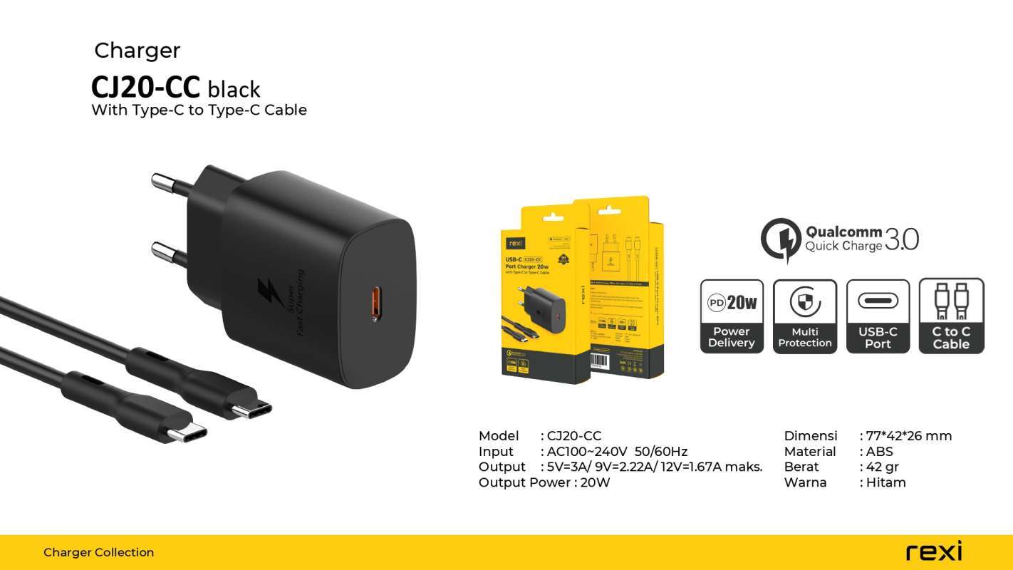 Jual Rexi Charger Single Port 20w With Type-c To Type-c Cable Black ...