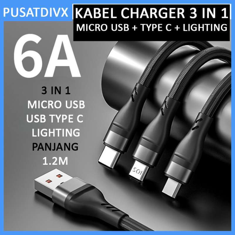 Jual Pusatdivx Kabel Charger 3 In 1 Micro Usb Type C Lighting 120cm 1 ...