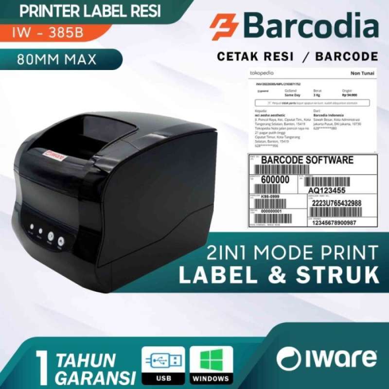 Jual PRINTER BARCODE THERMAL / LABEL PRINTER STICKER IWARE IW-385B USB ...