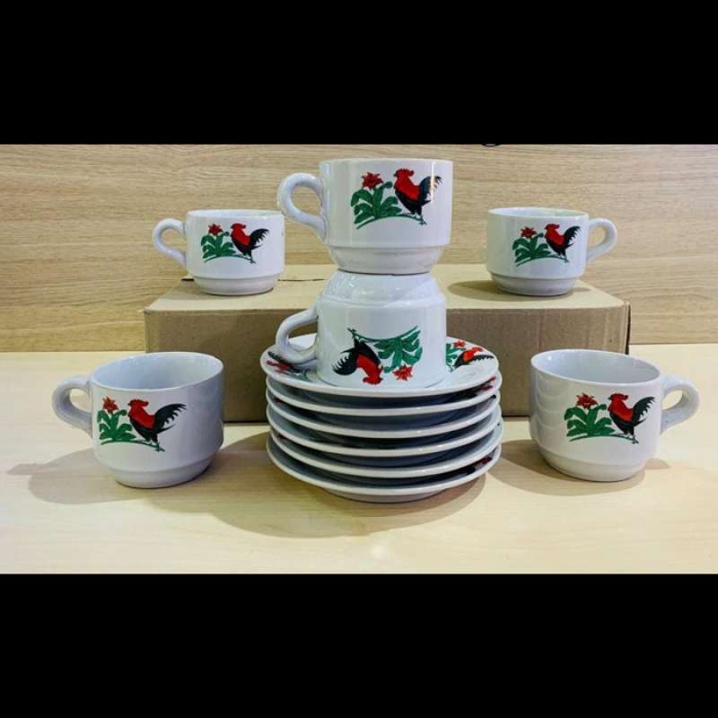 Jual 1 Set Gelas Dan Piring Keramik Ayam Jago//Gelas Kopi/Gelas Teh di ...