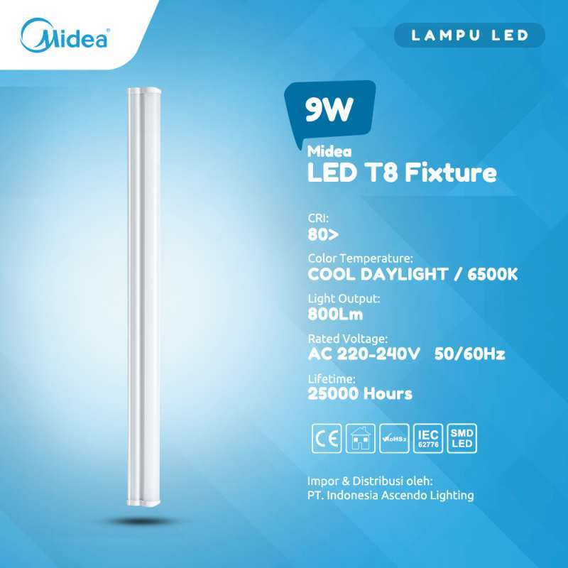 Jual Lampu TL Led T8 9 Watt Fixture - Midea di Seller Garasi Lampuku ...