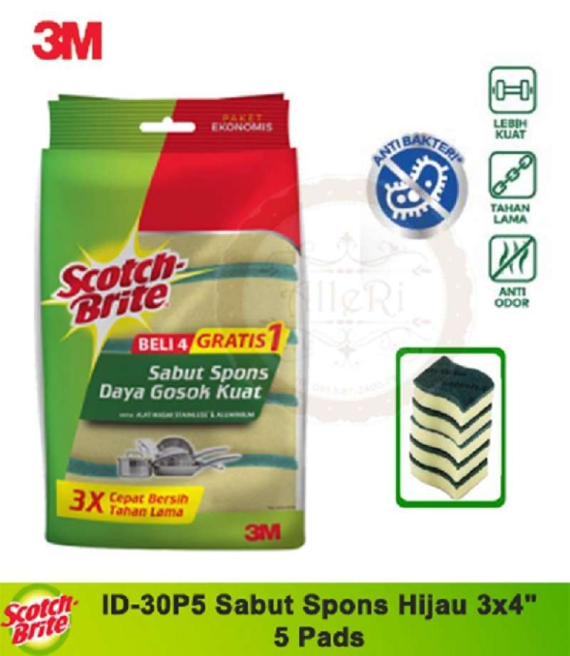 Jual 3M Scotch Brite ID-30P5 Sabut Spons Hijau 3x4 [Isi 5 Pads] di ...