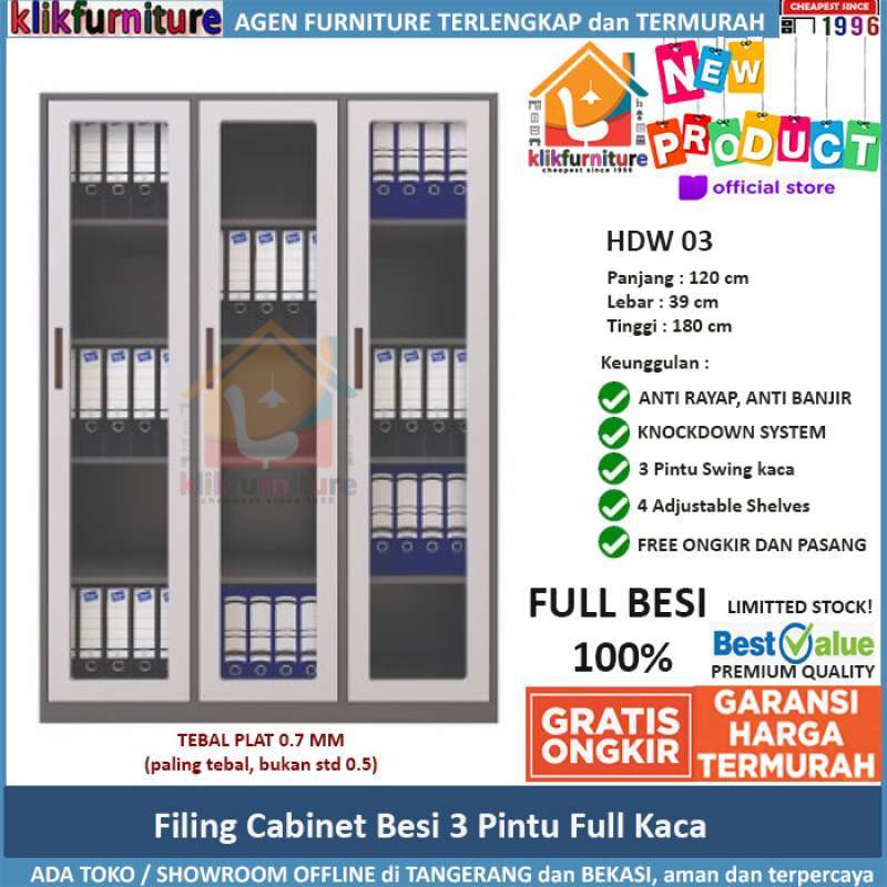 Promo Lemari Arsip Besi Filing Cabinet Besi 3 Pintu Kaca Hdw 03 0.7mm ...
