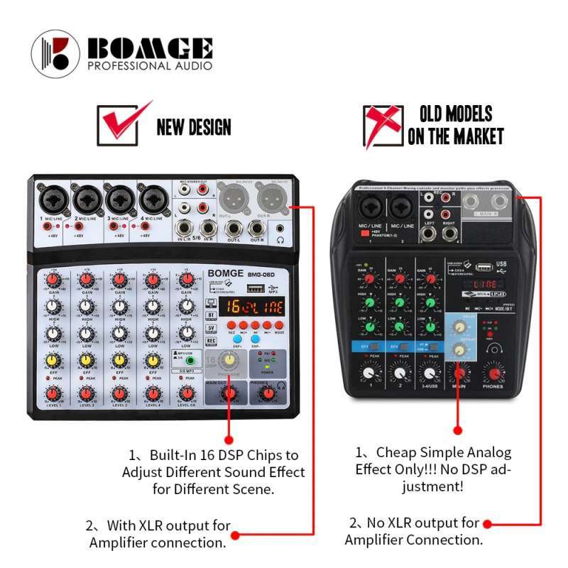 Jual Bomge Professional Live Audio Mixer Wireless Karaoke Dj 6 Channel 16 Dsp - Bmg-06d Di ...