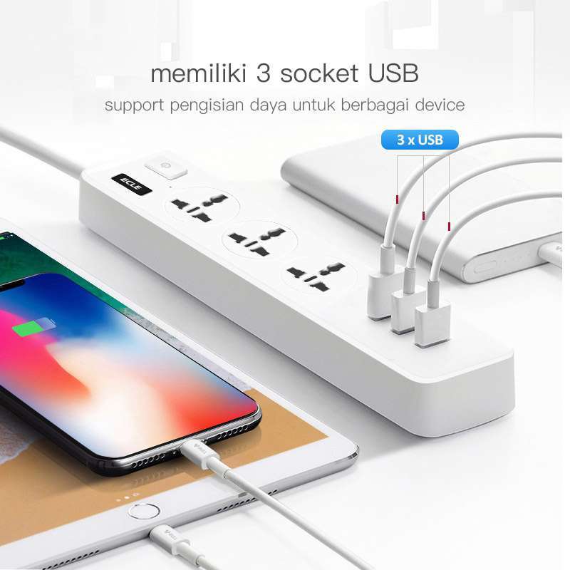 Jual Ecle Tb-t13 Power Strip Colokan Listrik / Stop Kontak 3 Usb Port +3 Lubang Socket +1 Tombol ...