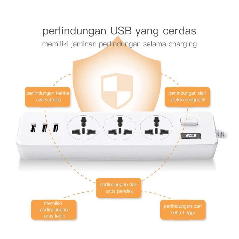Jual Ecle Tb-t13 Power Strip Colokan Listrik / Stop Kontak 3 Usb Port +3 Lubang Socket +1 Tombol ...