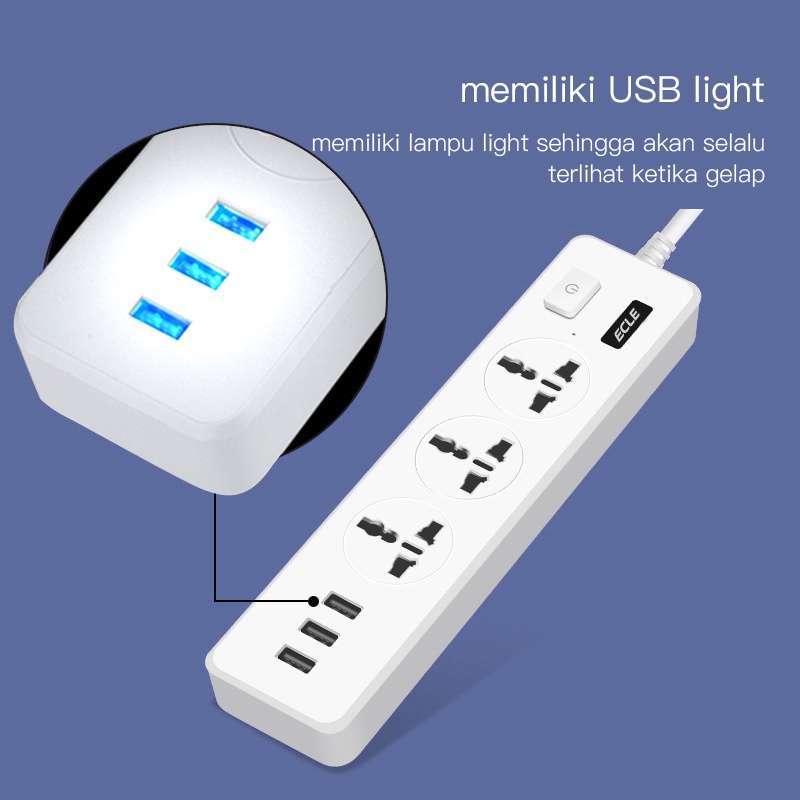 Jual Ecle Tb-t13 Power Strip Colokan Listrik / Stop Kontak 3 Usb Port +3 Lubang Socket +1 Tombol ...