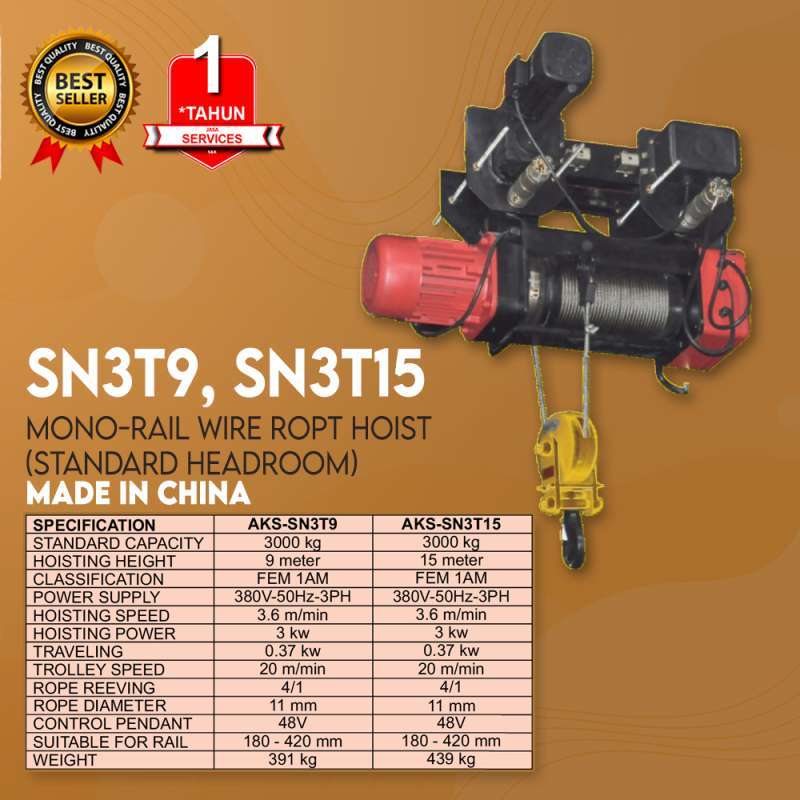 Jual Katrol Listrik Takel Monorail Wire Rope Hoist - 3 Ton X 9 M 3 Kw ...