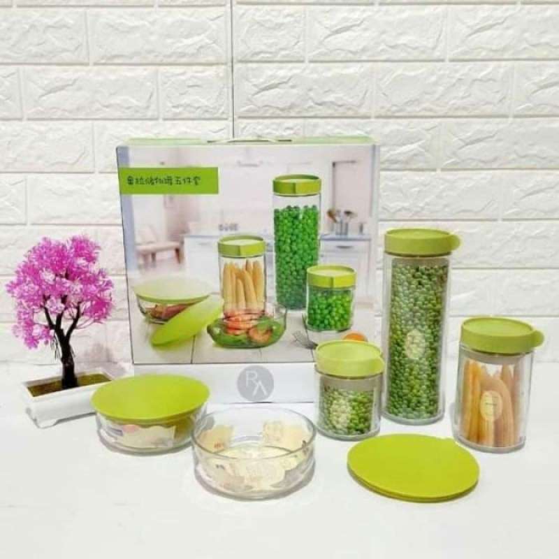 Promo Toples Kaca Set 5 in 1 / Tempat Simpan Kue Seal Mangkok Botol ...