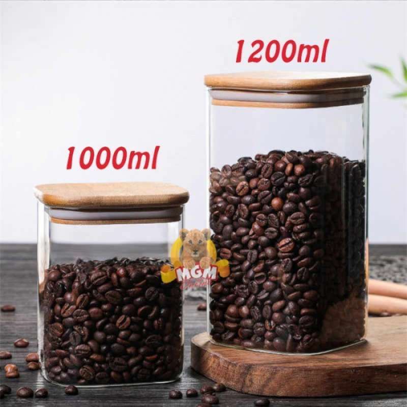 Jual KOTAK 12cm KEDAP Toples Kaca tutup kayu BOROSILICATE glass 1000ml ...