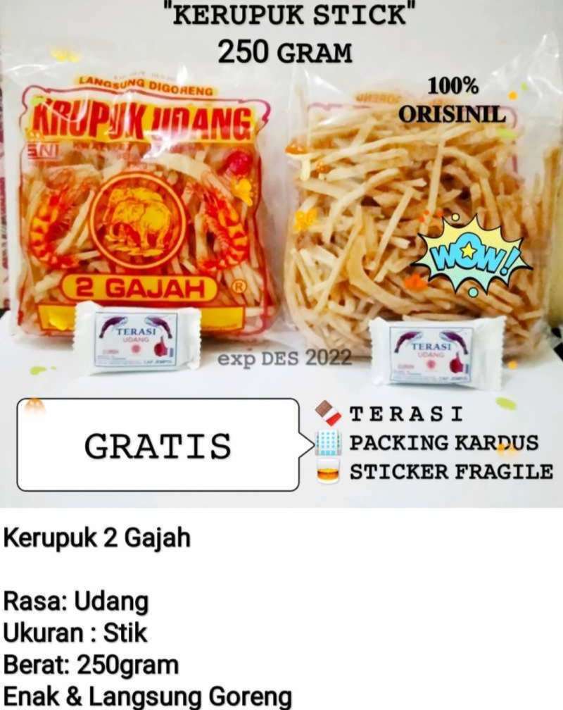 Jual Kerupuk Udang Stik 250 Gr Cap 2 Gajah Bonus Terasi Di Seller Lolla ...
