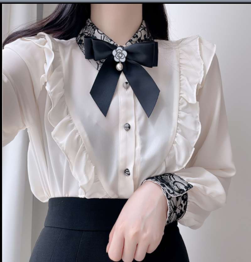 Promo Korea Musim Gugur Mutiara Ikatan Simpul Renda Kerah Kemeja Lengan ...