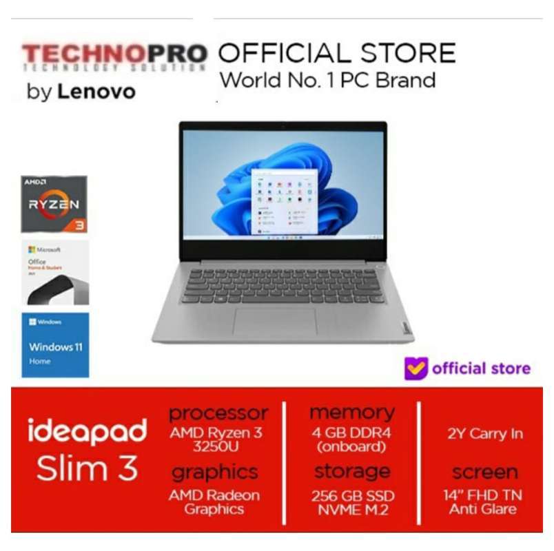 Jual IDEAPAD SLIM 3 RYZEN 3 3250U 4GB 256SSD WINDOWS 11 + OHS 2021 PLATINUM GRAY AND BLUE 14 FHD ...