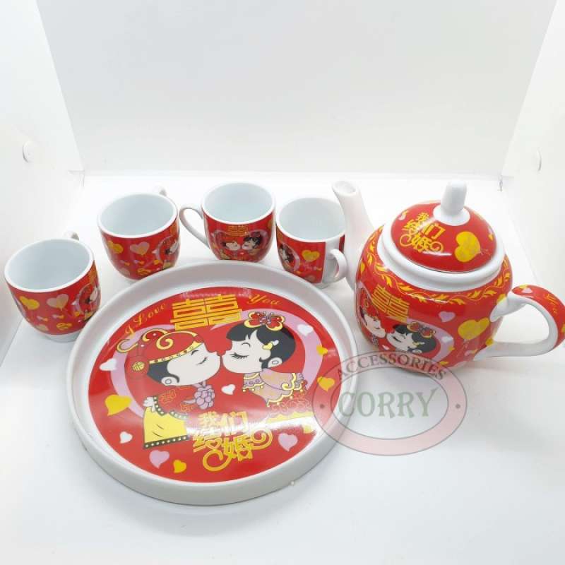 Promo Teko Set Tea Pai Perkawinan Shuang Xi Merah Putih 4 Cangkir Teh ...