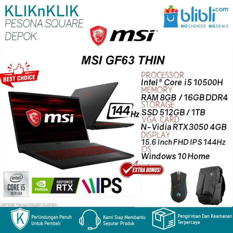 Jual Laptop Gaming MSI GF63 Thin 10UC i5 10500H 16GB SSD 1TB RTX3050 FHD IPS 144Hz Win10 - 16GB ...