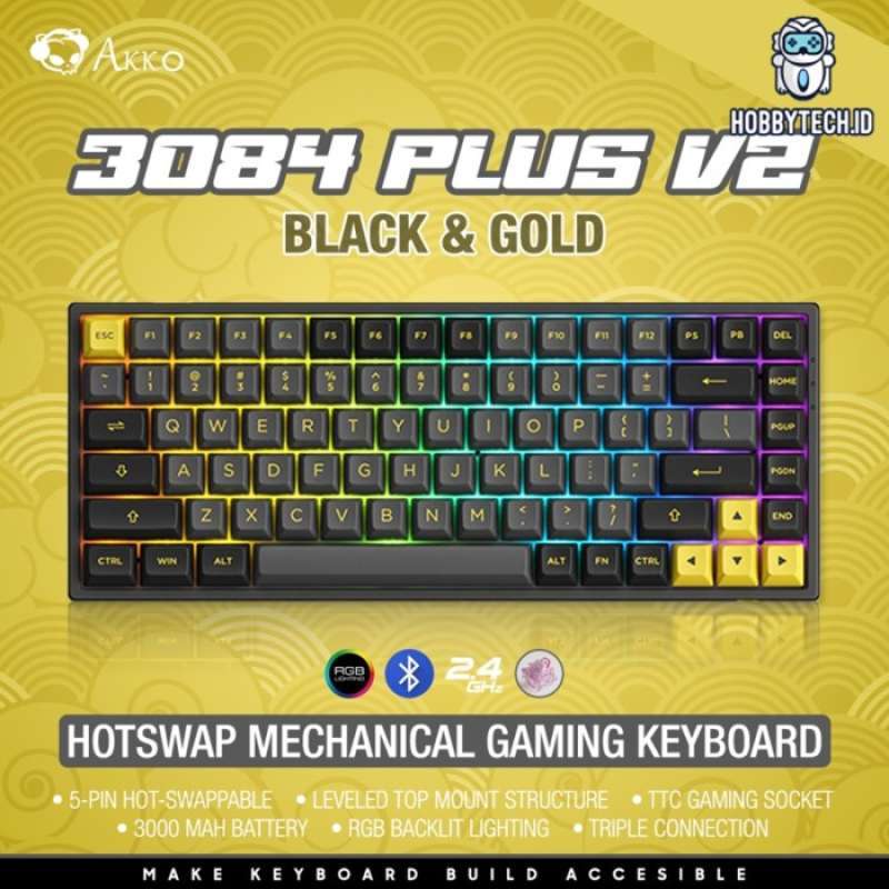 Promo Akko 3084B Plus V2 Black & Gold Hotswap Wireless Gaming Keyboard ...