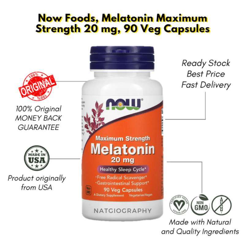 Promo Now Foods Melatonin Maximum Strength 20 mg isi 90 Veg Capsules ...