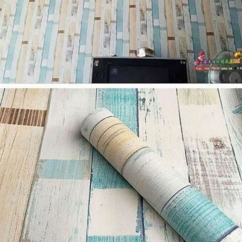 Promo Wallpaper Stiker Dinding Motif Kayu Biru Cream Kombinasi 10m X