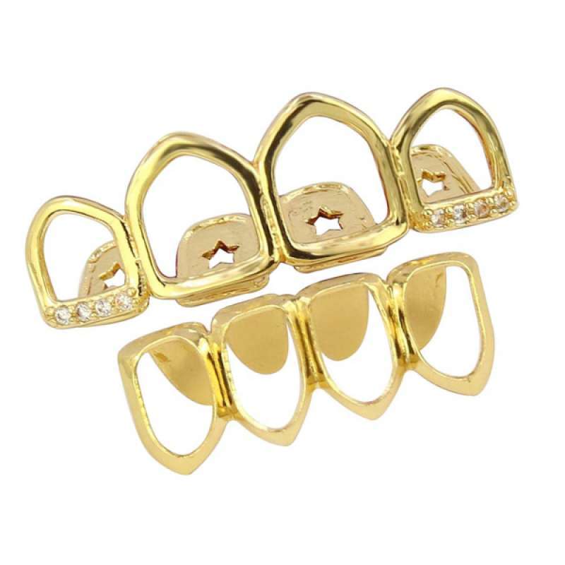 Promo Hollow Open Fang Teeth Cap 4 Teeth 18k Gold Grills Mouth Caps Set ...