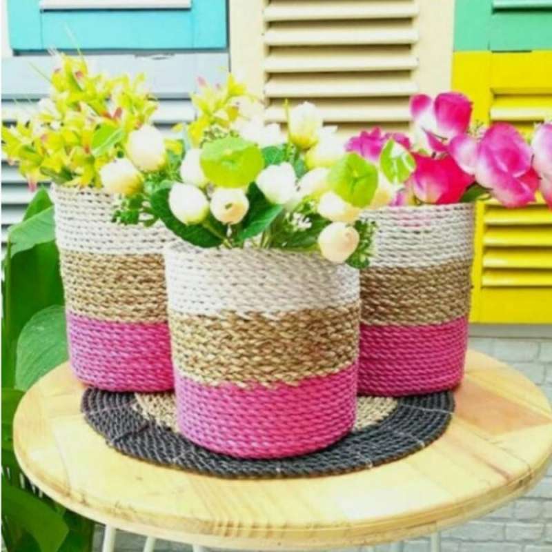 Jual Keranjang anyaman seagrass pandan / cover pot tanaman meja / vas ...