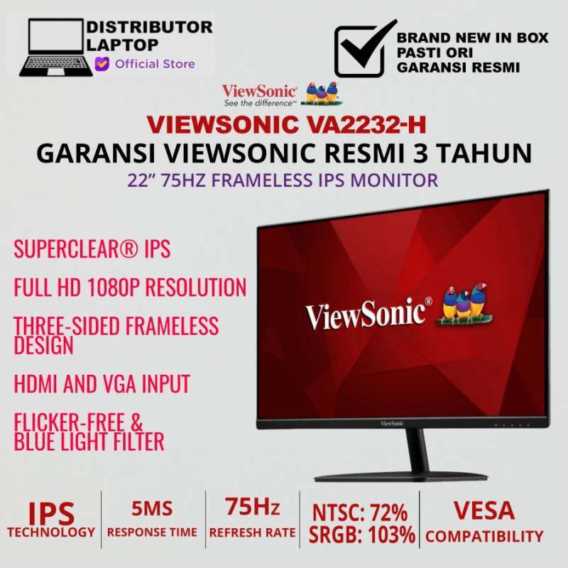 Jual Monitor LED 22 ViewSonic VA2232-H IPS 75Hz 5ms Frameless design di Seller Distributor ...