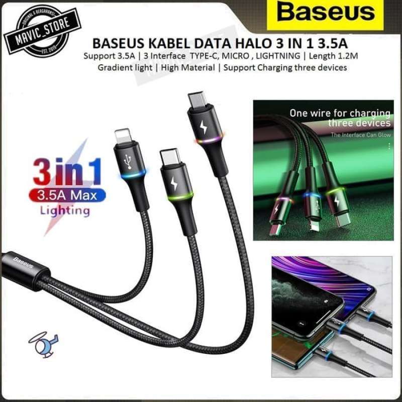 Jual BASEUS KABEL HALO LED 3 IN 1 3.5A 1.2M MICRO - TYPE C - LIGHTNING ...