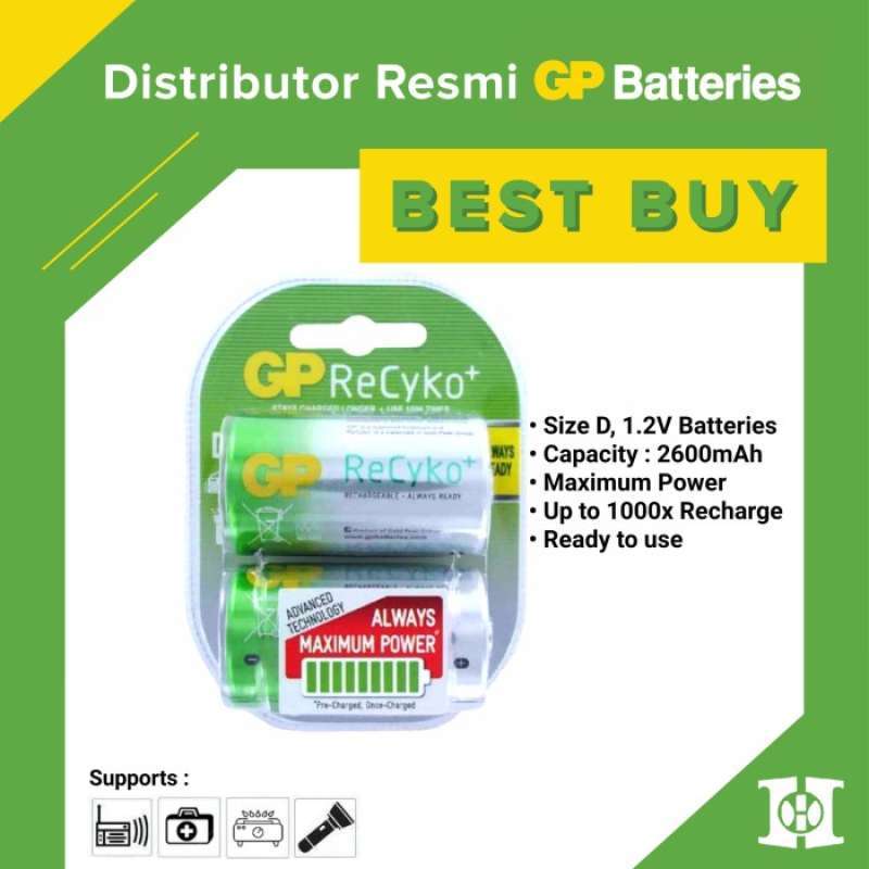 Jual Baterai D 2600mAh Rechargeable 1.2V GP ReCyko DB005 isi 2 Pcs ...