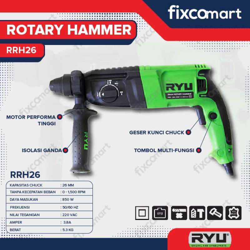 Jual RYU Rotary Hammer RRH 26 / RYU Mesin Bor Bobok Beton 850 W di Seller Fixcomart.com Official ...
