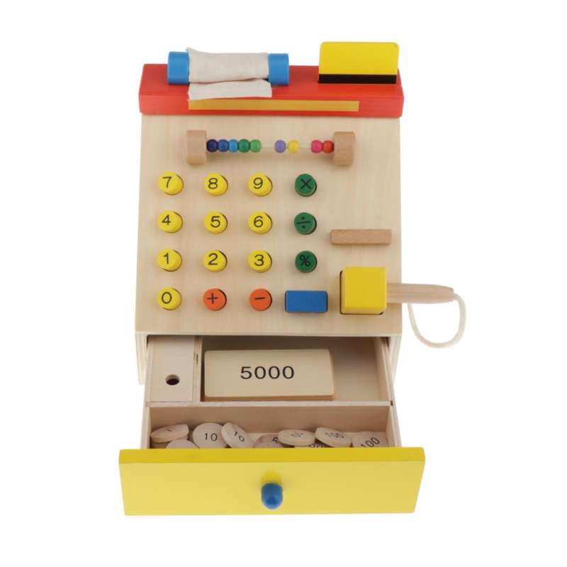 Promo Children Wood Simulation Cash Register Checkout Counter Pretend ...