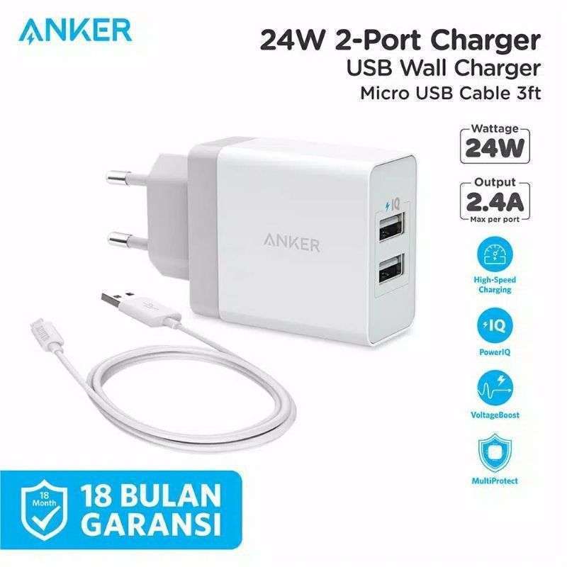 Promo Anker PowerPort Wall Charger 24W 2-Port USB 2.4A with Cable Fast ...