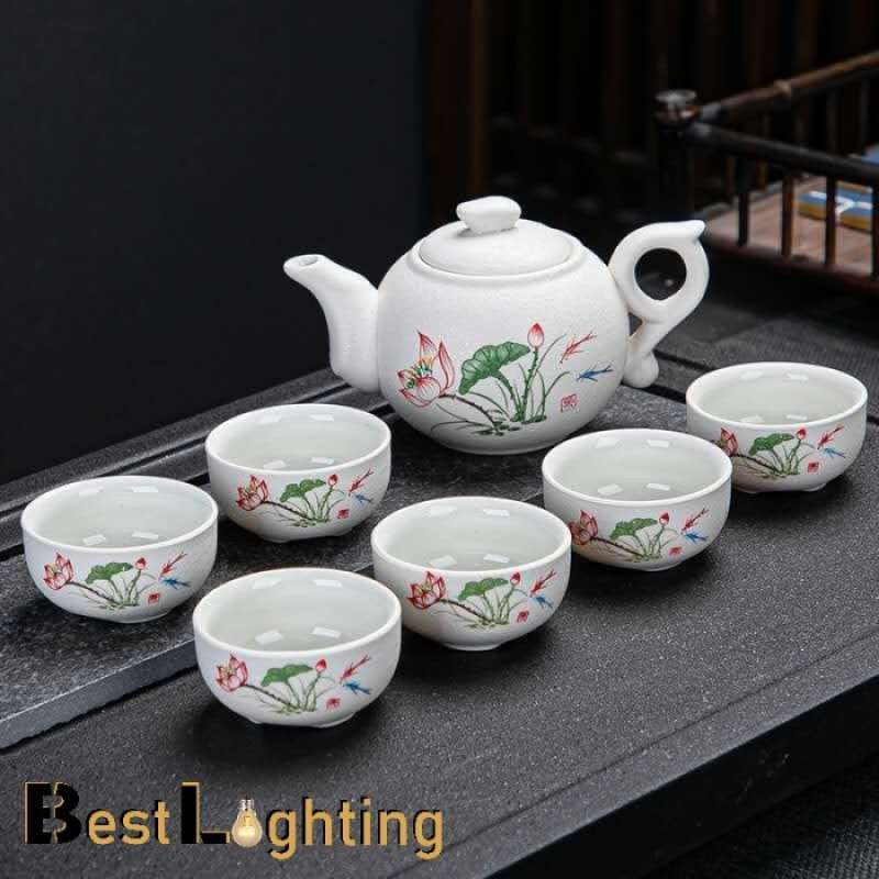 Promo Chinese Tea Set Keramik Putih Bunga Lotus Teko plus Cangkir ...