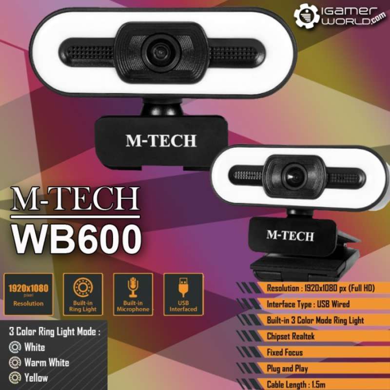 Jual M-TECH WB600 WEBCAM 1080P FULL HD WITH RING LIGHT & MICROPHONE di ...