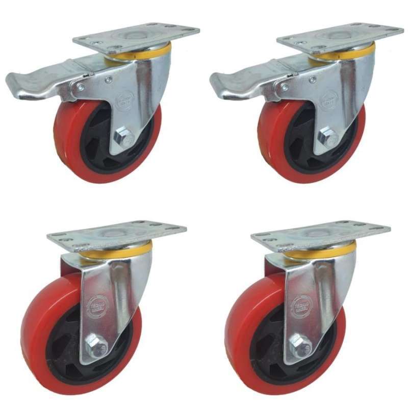 Jual Roda Troli Pu 4 Set Medium Roda Pu Merah 4 Inch (2 Hidup 2 Rem) Di ...