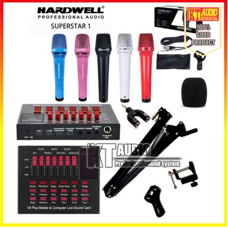 Promo mic microphone dynamic live bigo smule tiktok with soundcard V8 ...