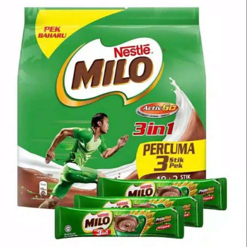 Promo MILO MALAYSIA 3 IN 1 ISI 18+3 = 21 STICK MILO ORIGINAL Diskon 6% ...