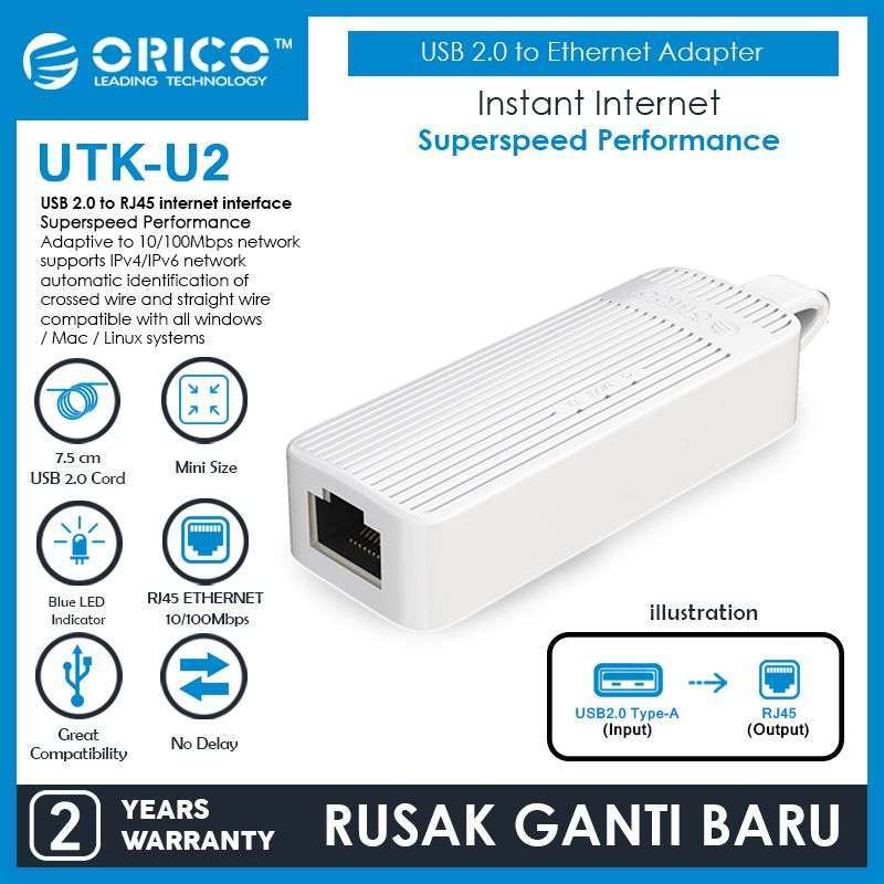 Jual ORICO USB to Ethernet LAN Adapter 100 Mbps UTK-U2 - White di ...