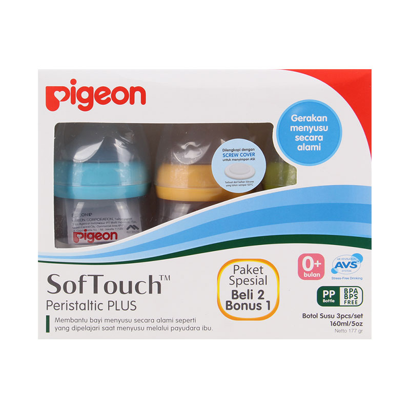 Promo Buy 2 Get 1 - PIGEON Botol Susu Pp Wide Neck Peristaltic Plus Nipple 160 ml 160 ml Warna B ...
