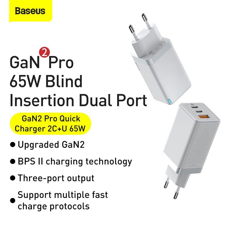 Jual Baseus GaN2 Pro Quick Charger USB Type C PD 3 Port 65W - White di ...