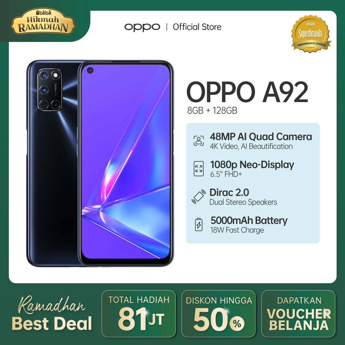 Jual OPPO A92 Smartphone [128GB/ 8GB] - Official Store - Twilight Black di Seller OPPO Indonesia ...
